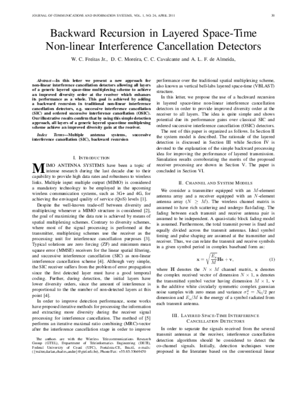 Pdf Backward Recursion In Layered Space Time Non Linear Interference Cancellation Detectors