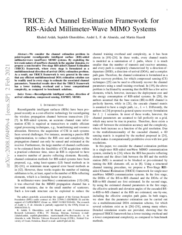 (PDF) TRICE: A Channel Estimation Framework for RIS-Aided Millimeter-Wave MIMO Systems | André L ...