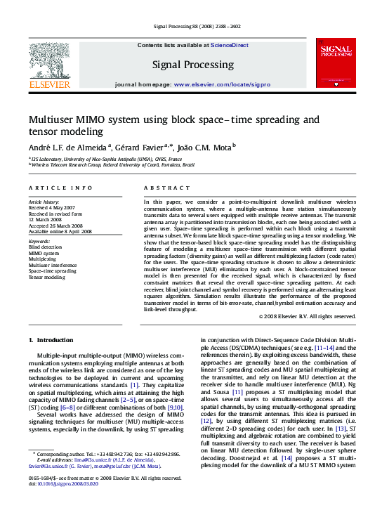 Pdf Multiuser Mimo System Using Block Space Time Spreading And Tensor Modeling André L F