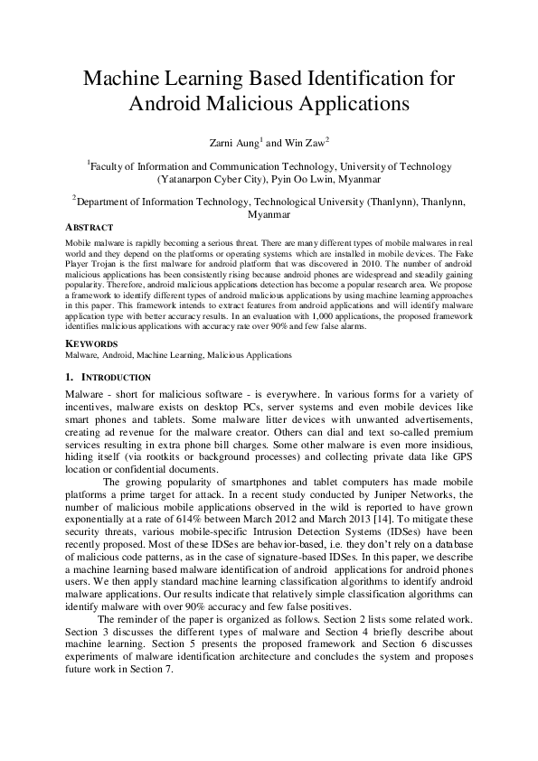 Pdf Machine Learning Based Identification For Android Malicious Applications