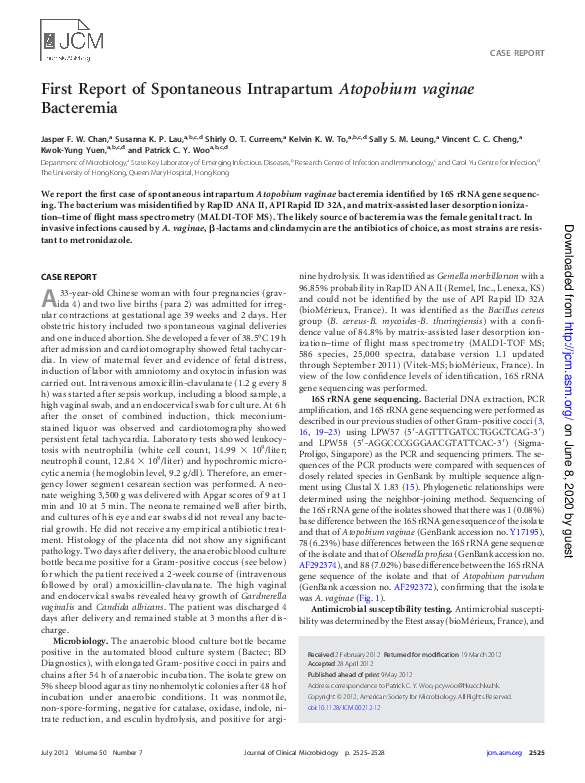 (PDF) First Report of Spontaneous Intrapartum Atopobium vaginae Bacteremia