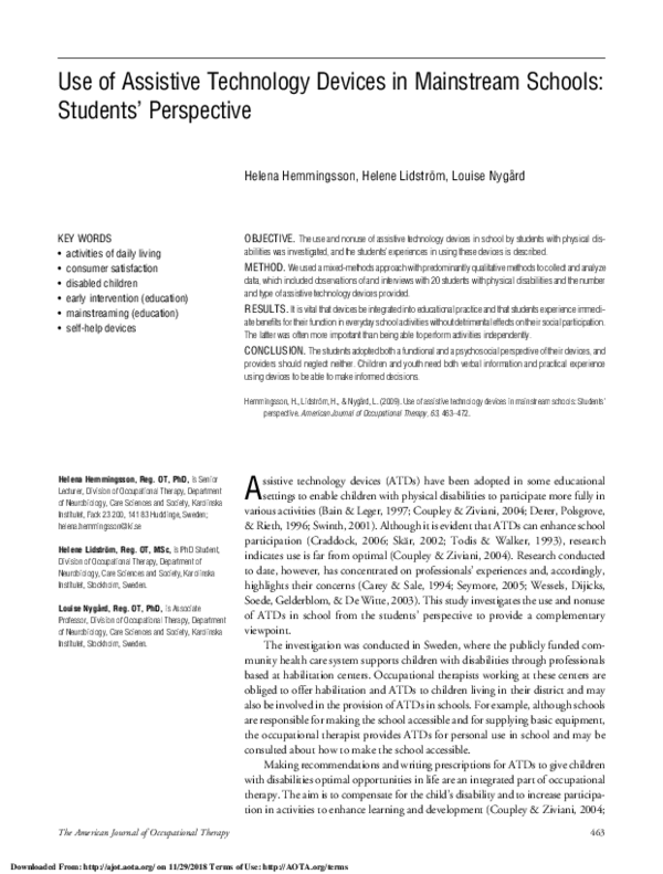 (PDF) Use of Assistive Technology Devices in Mainstream Schools: Students’ Perspective