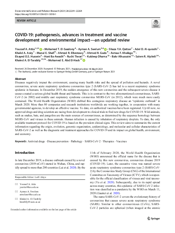 (PDF) COVID-19: pathogenesis, advances in treatment and vaccine development and environmental ...