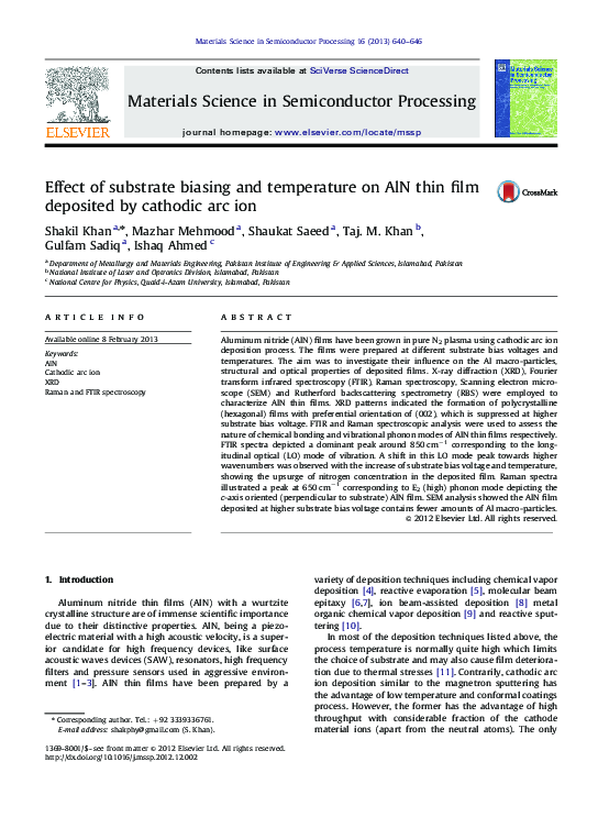 (PDF) Effect of substrate biasing and temperature on AlN thin film deposited by cathodic arc ion