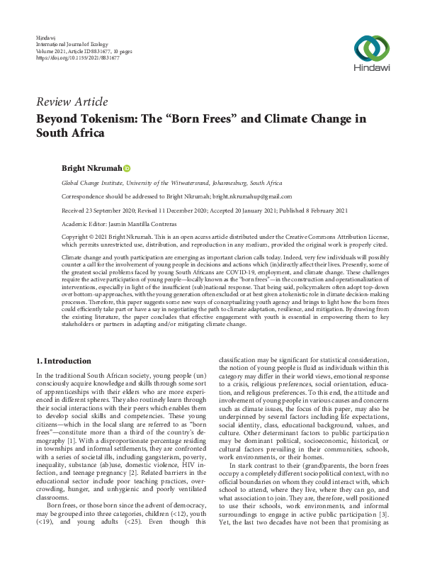 (PDF) Beyond Tokenism: The “Born Frees” and Climate Change in South Africa