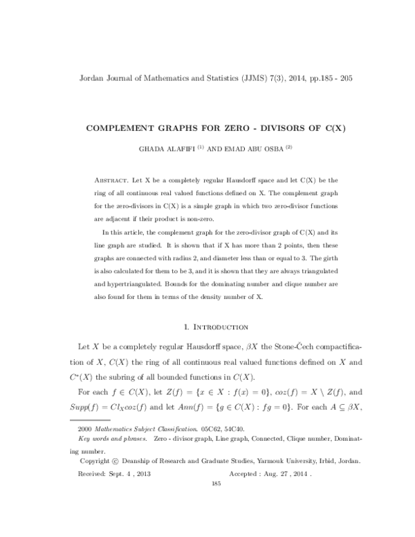 (PDF) Complement Graphs for Zero -Divisors of C(X)
