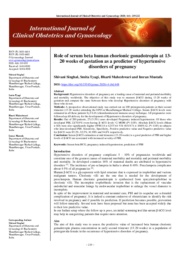 (PDF) Role of serum beta human chorionic gonadotropin at 13-20 weeks of ...