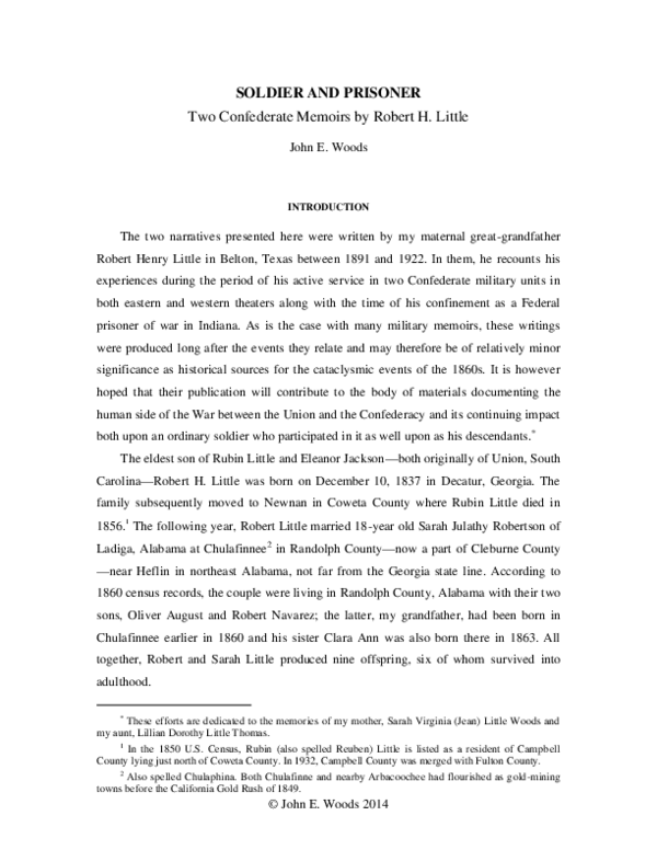 (PDF) Soldier and Prisoner: Two Confederate Memoirs by Robert H. Little