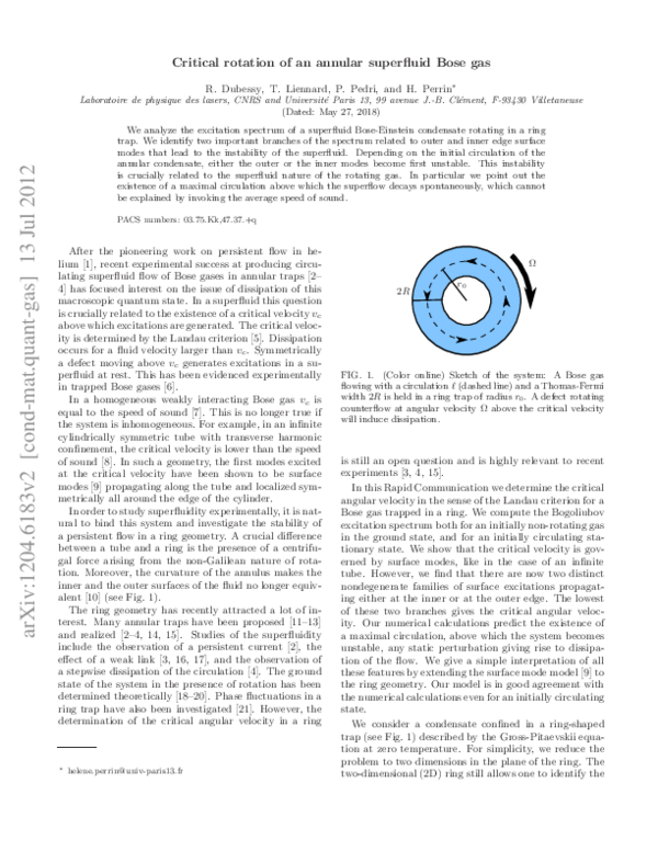 Pdf Critical Rotation Of An Annular Superfluid Bose Einstein Condensate Thomas Liennard
