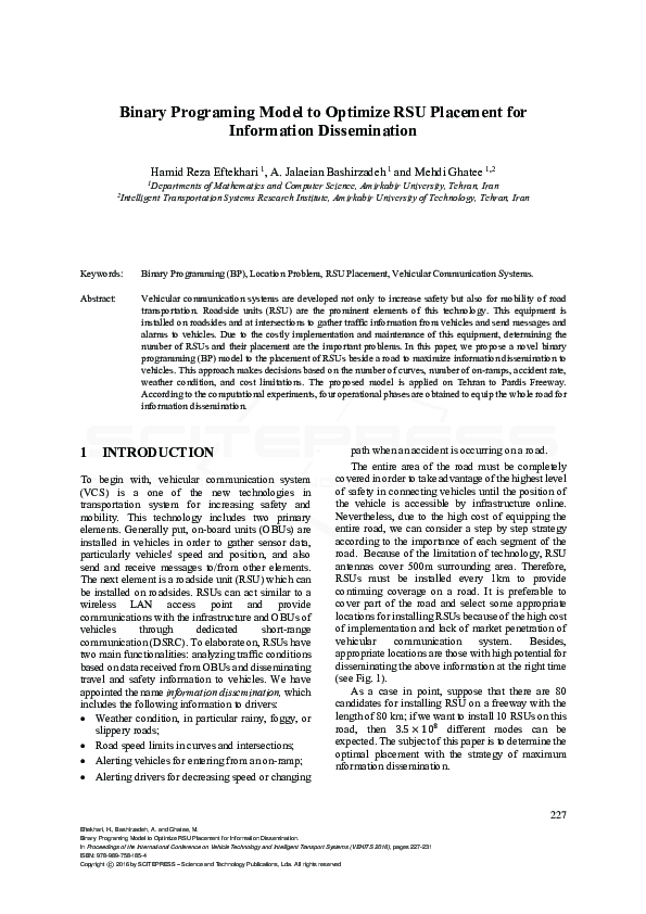 Binary Programing Model to Optimize RSU Placement for Information Dissemination
