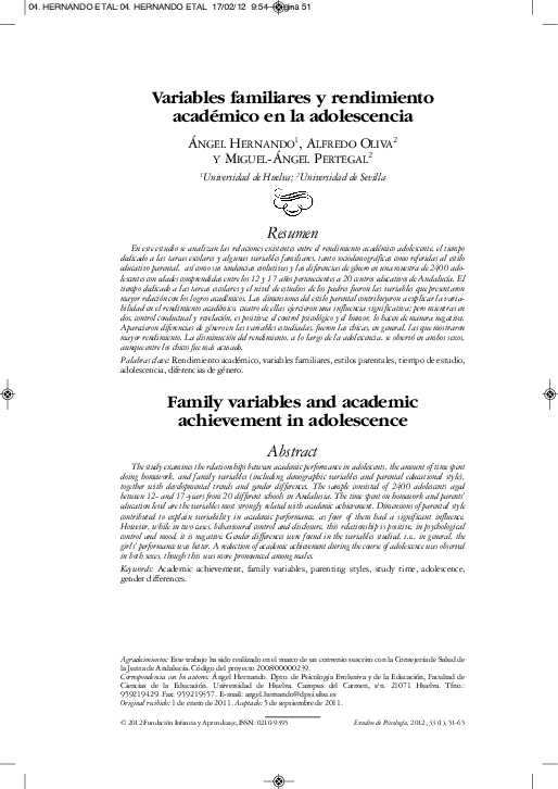 (PDF) Variables familiares y rendimiento académico en la adolescencia