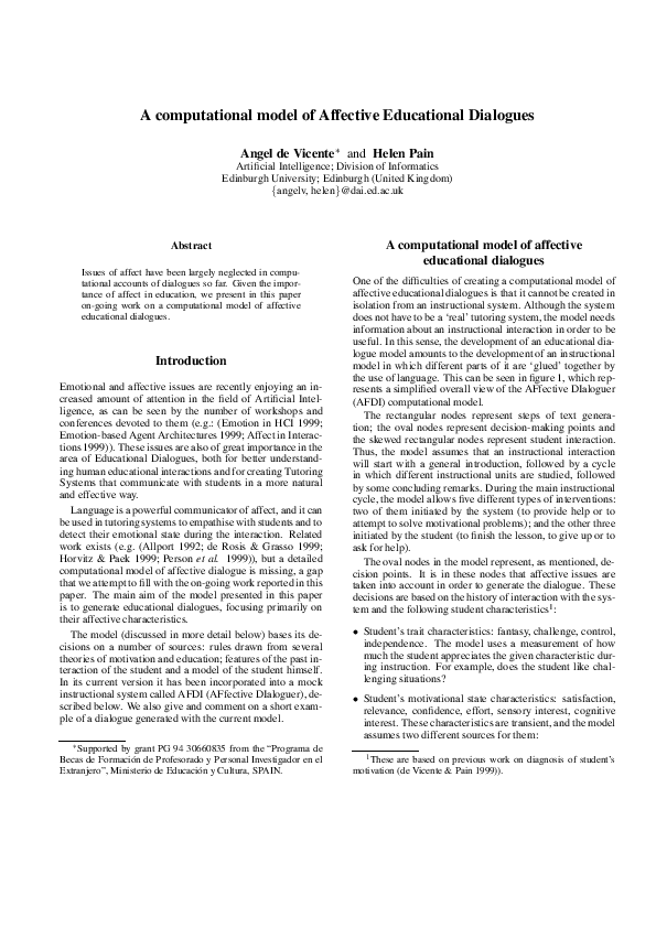 Pdf A Computational Model Of Affective Educational Dialogues