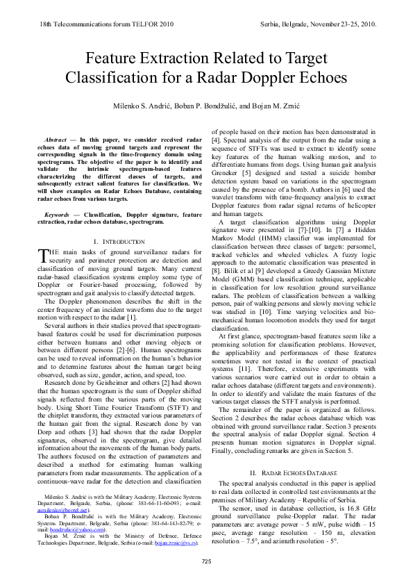 Pdf Feature Extraction Related To Target Classification For A Radar