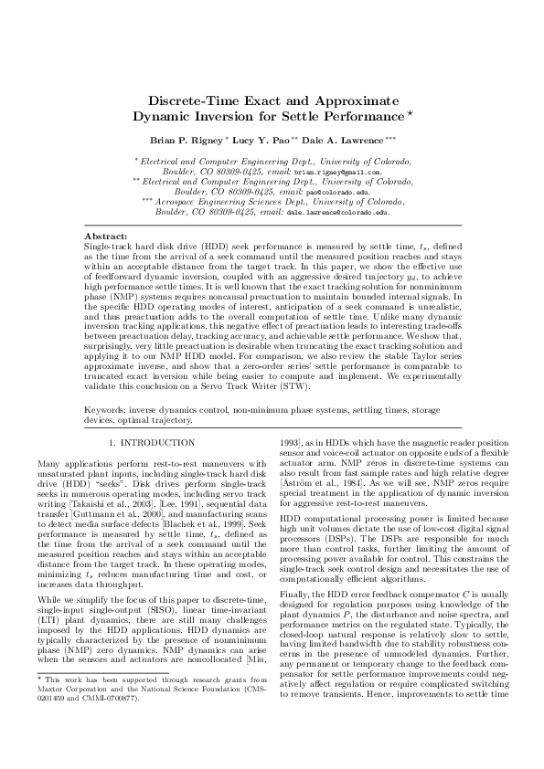 (PDF) Discrete-Time Exact and Approximate Dynamic Inversion for Settle ...