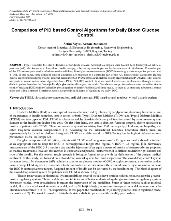 (PDF) Comparison of PID based Control Algorithms for Daily Blood Glucose Control