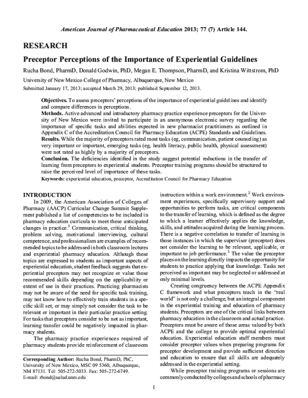 (PDF) Preceptor Perceptions of the Importance of Experiential Guidelines