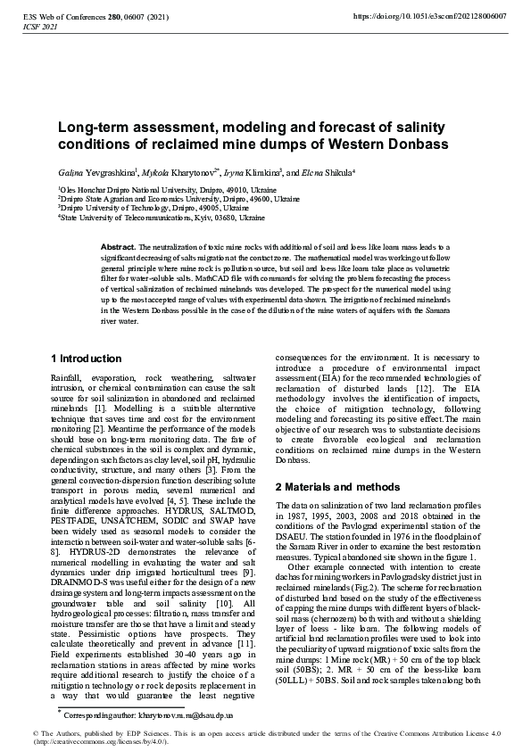 (PDF) Long-term assessment, modeling and forecast of salinity conditions of reclaimed mine dumps ...