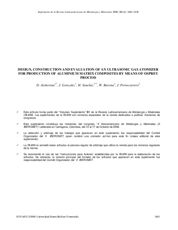 (PDF) Design, Construction and Evaluation of an Ultrasonic Gas Atomizer ...