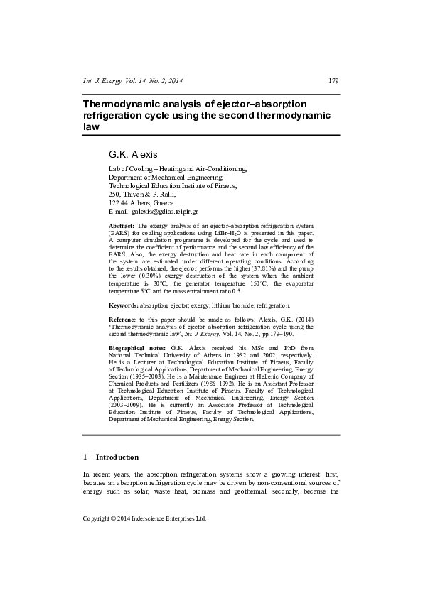 (PDF) Thermodynamic analysis of ejector-absorption refrigeration cycle ...