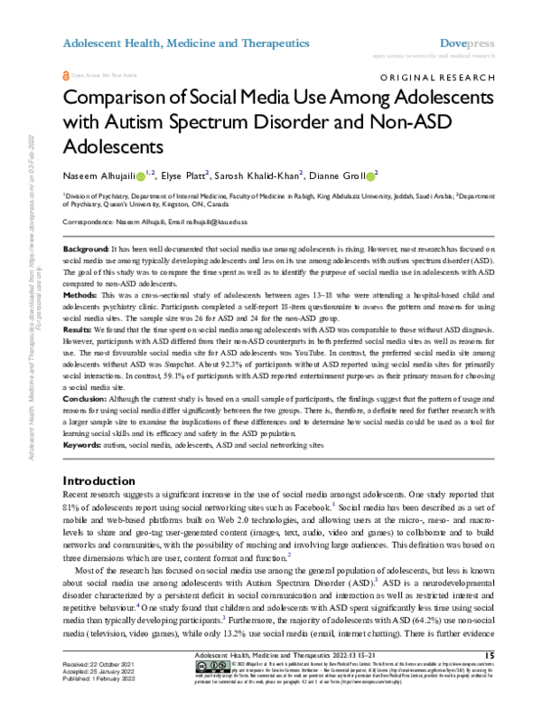 (PDF) Comparison of Social Media Use Among Adolescents with Autism Spectrum Disorder and Non-ASD ...