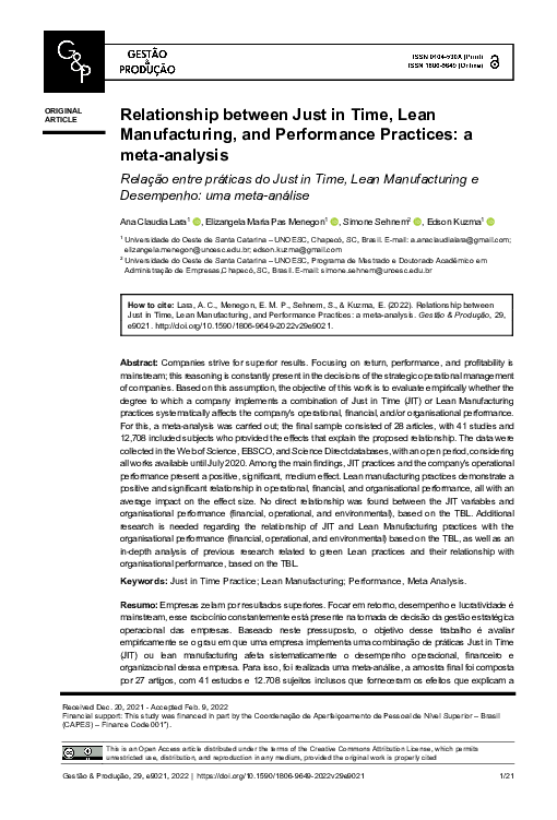 (PDF) Relationship between Just in Time, Lean Manufacturing, and Performance Practices: a meta ...