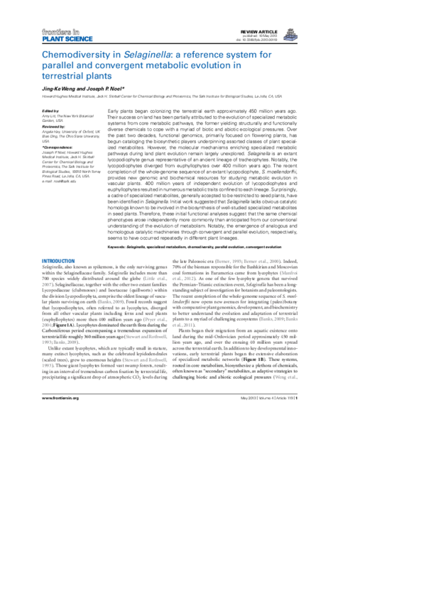 (PDF) Chemodiversity in Selaginella: a reference system for parallel and convergent metabolic ...