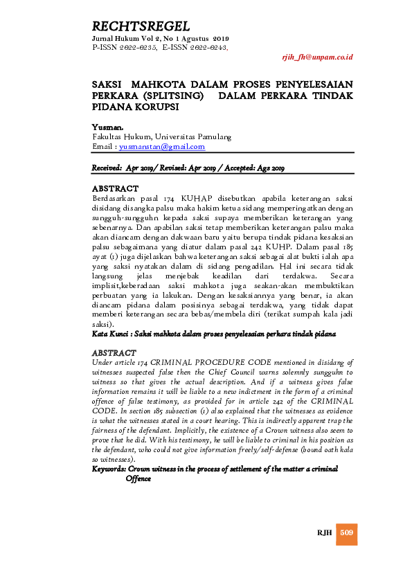 (PDF) Saksi Mahkota Dalam Proses Penyelesaian Perkara (Splitsing) Dalam Perkara Tindak Pidana ...