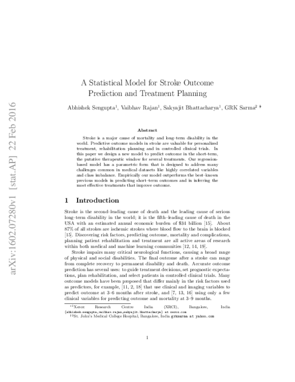 (PDF) A statistical model for stroke outcome prediction and treatment planning