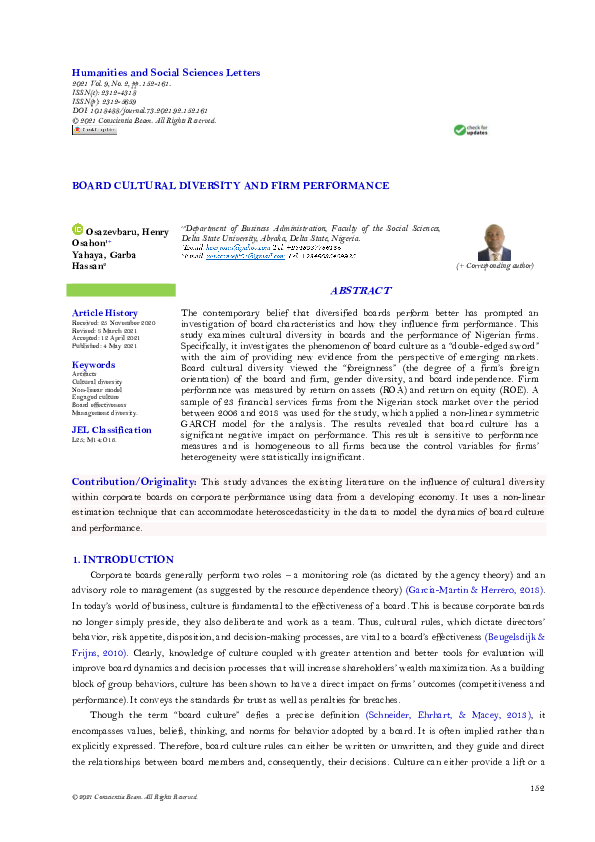 (PDF) Board Cultural Diversity and Firm Performance