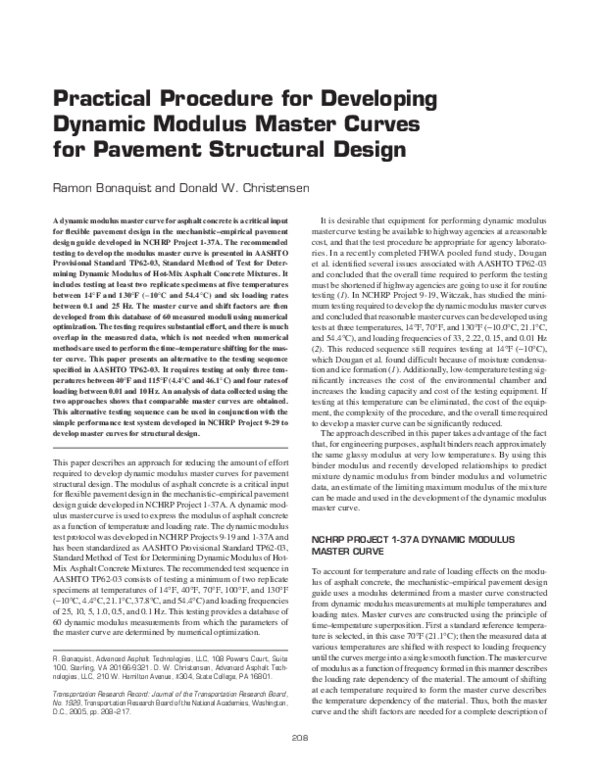 Pdf Practical Procedure For Developing Dynamic Modulus Master Curves For Pavement Structural 