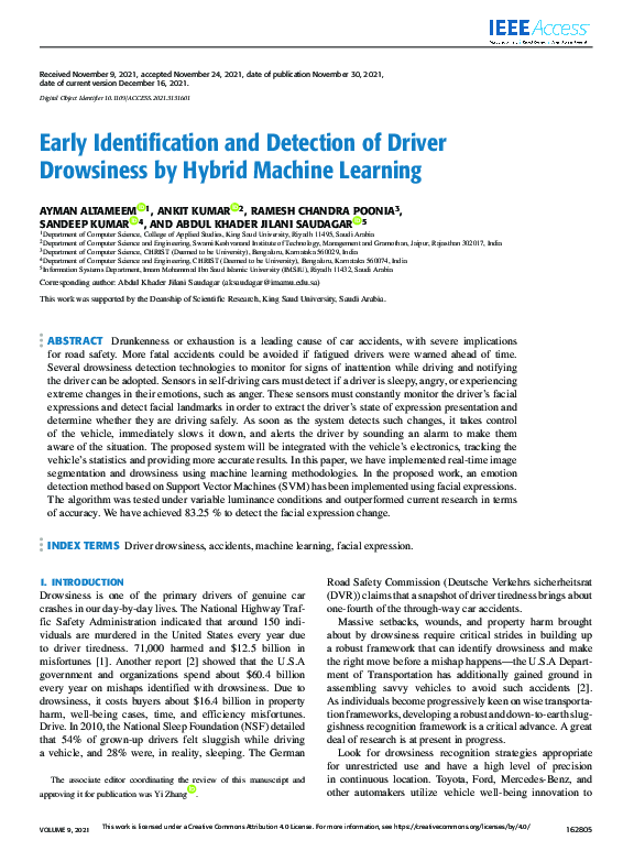 (PDF) Early Identification and Detection of Driver Drowsiness by Hybrid Machine Learning