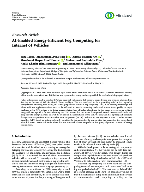 (PDF) AI-Enabled Energy-Efficient Fog Computing for Internet of Vehicles