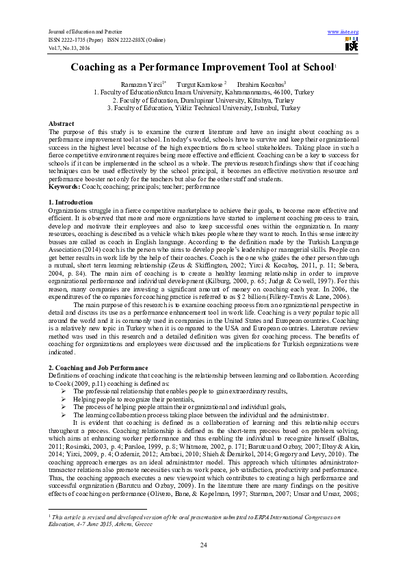 (PDF) Coaching as a Performance Improvement Tool at School