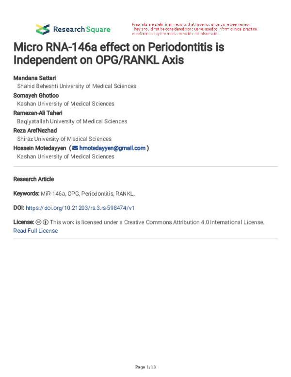 (PDF) Micro RNA-146a effect on Periodontitis is Independent on OPG ...