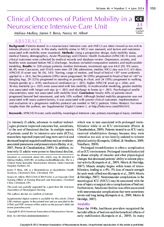 (PDF) Clinical Outcomes of Patient Mobility in a Neuroscience Intensive ...