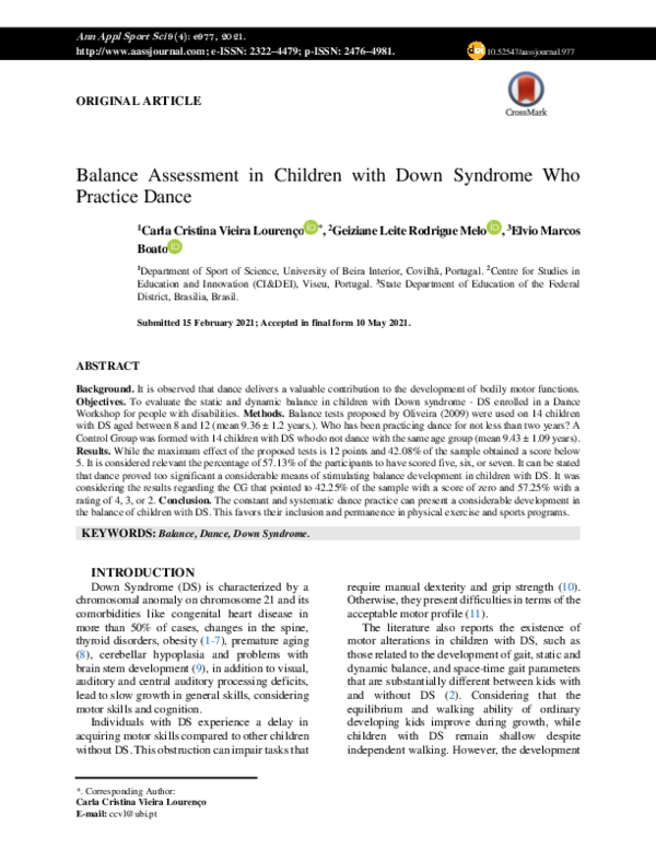 (PDF) Balance Assessment in Children with Down Syndrome Who Practice Dance