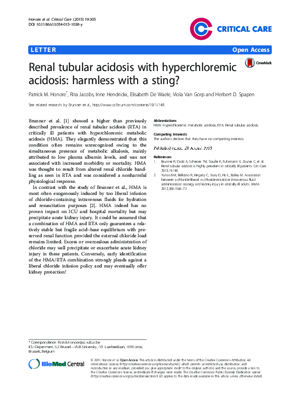 (PDF) Renal tubular acidosis with hyperchloremic acidosis: harmless ...