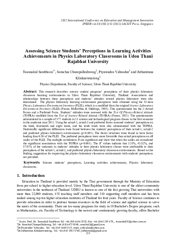 (PDF) Assessing Science Students' Perceptions in Learning Activities Achievements in Physics ...