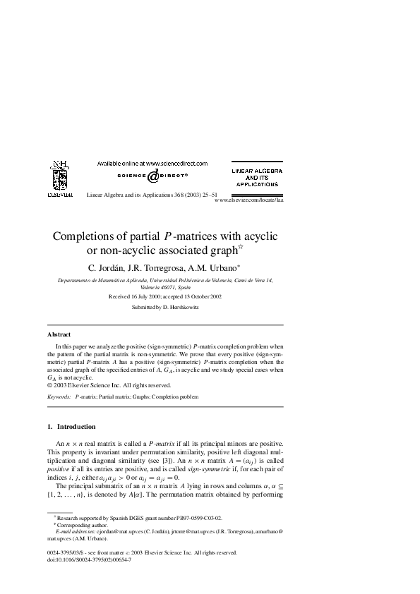 (PDF) Completions of partial P-matrices with acyclic or non-acyclic associated graph