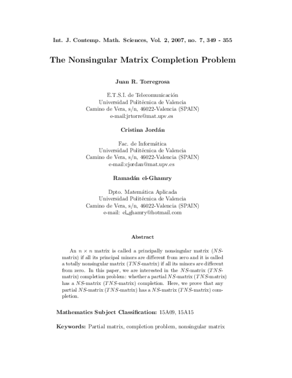 (PDF) The nonsingular matrix completion problem