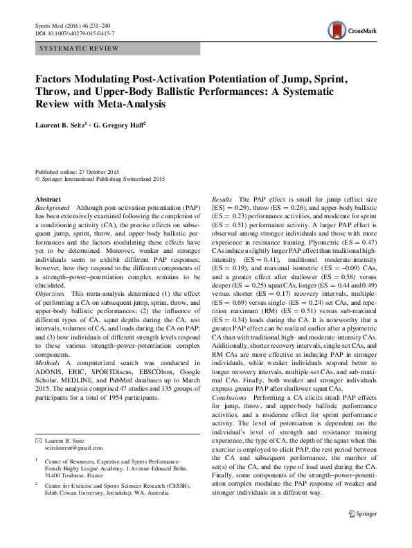 (PDF) Factors Modulating Post-Activation Potentiation of Jump, Sprint, Throw, and Upper-Body ...