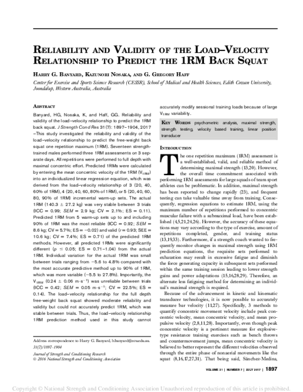 (PDF) Reliability and Validity of the Load–Velocity Relationship to Predict the 1RM Back Squat
