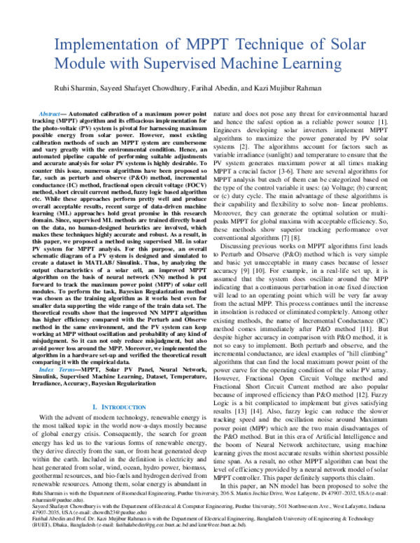 Pdf Implementation Of An Mppt Technique Of A Solar Module With Supervised Machine Learning