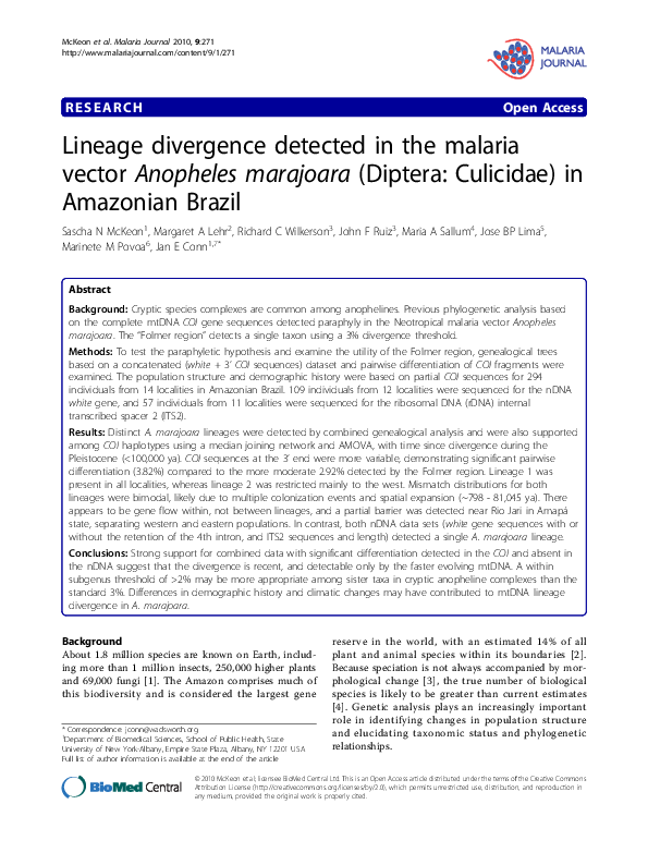 (PDF) Lineage divergence detected in the malaria vector Anopheles marajoara (Diptera: Culicidae ...