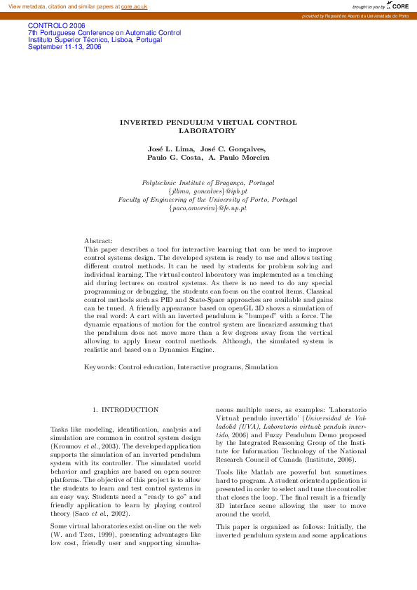 (PDF) Inverted Pendulum Virtual Control Laboratory