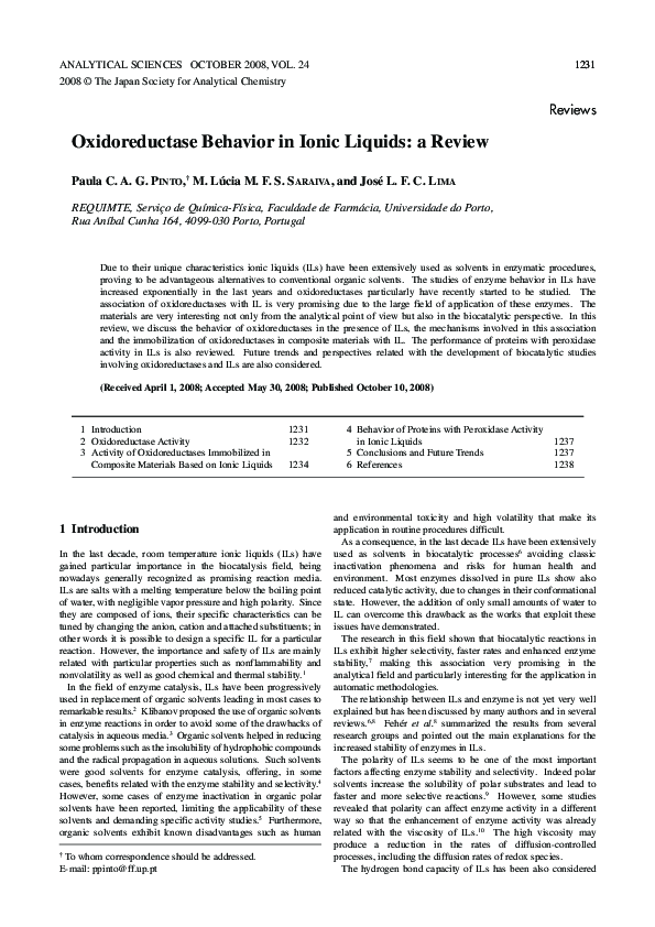 (PDF) Oxidoreductase Behavior in Ionic Liquids: a Review