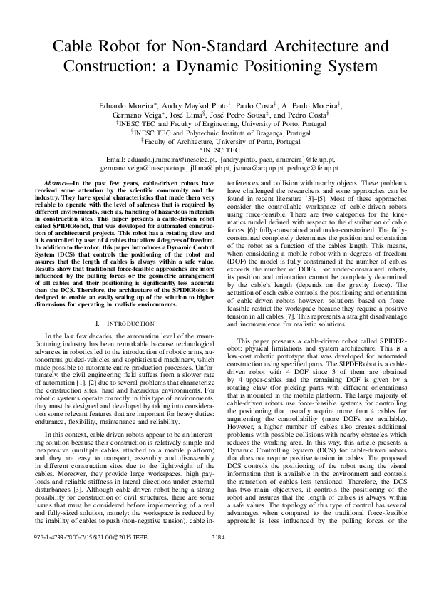 (PDF) Cable robot for non-standard architecture and construction: A dynamic positioning system