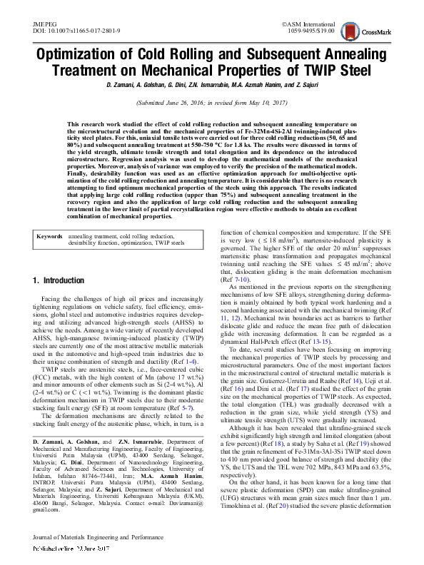 (PDF) Optimization of Cold Rolling and Subsequent Annealing Treatment on Mechanical Properties ...