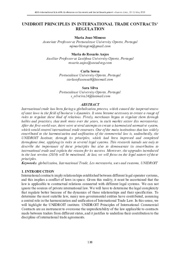 (PDF) Unidroit principles in international trade contracts’ regulation