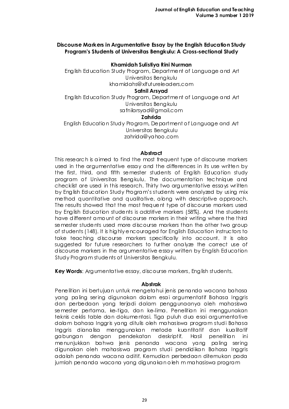 (PDF) Discourse Markers in Argumentative Essay by the English Education Study Program’s Students ...